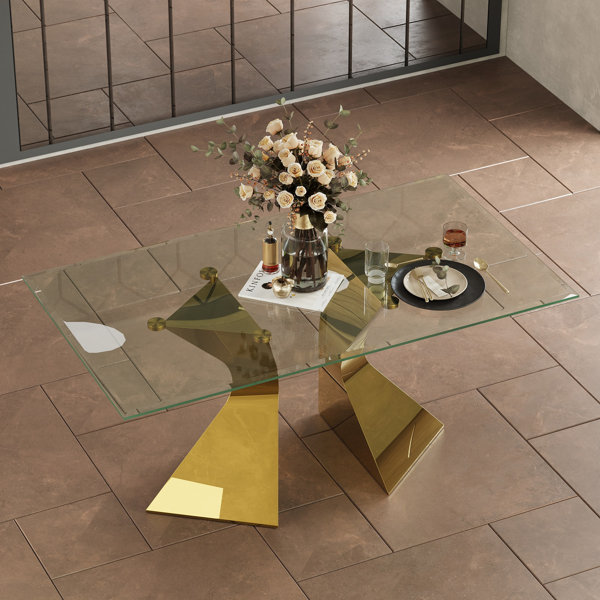 Mercer41 63 inch Glass Rectangle Kitchen and Dining Room Table with Mirrored Gold L-Base | Wayfair
